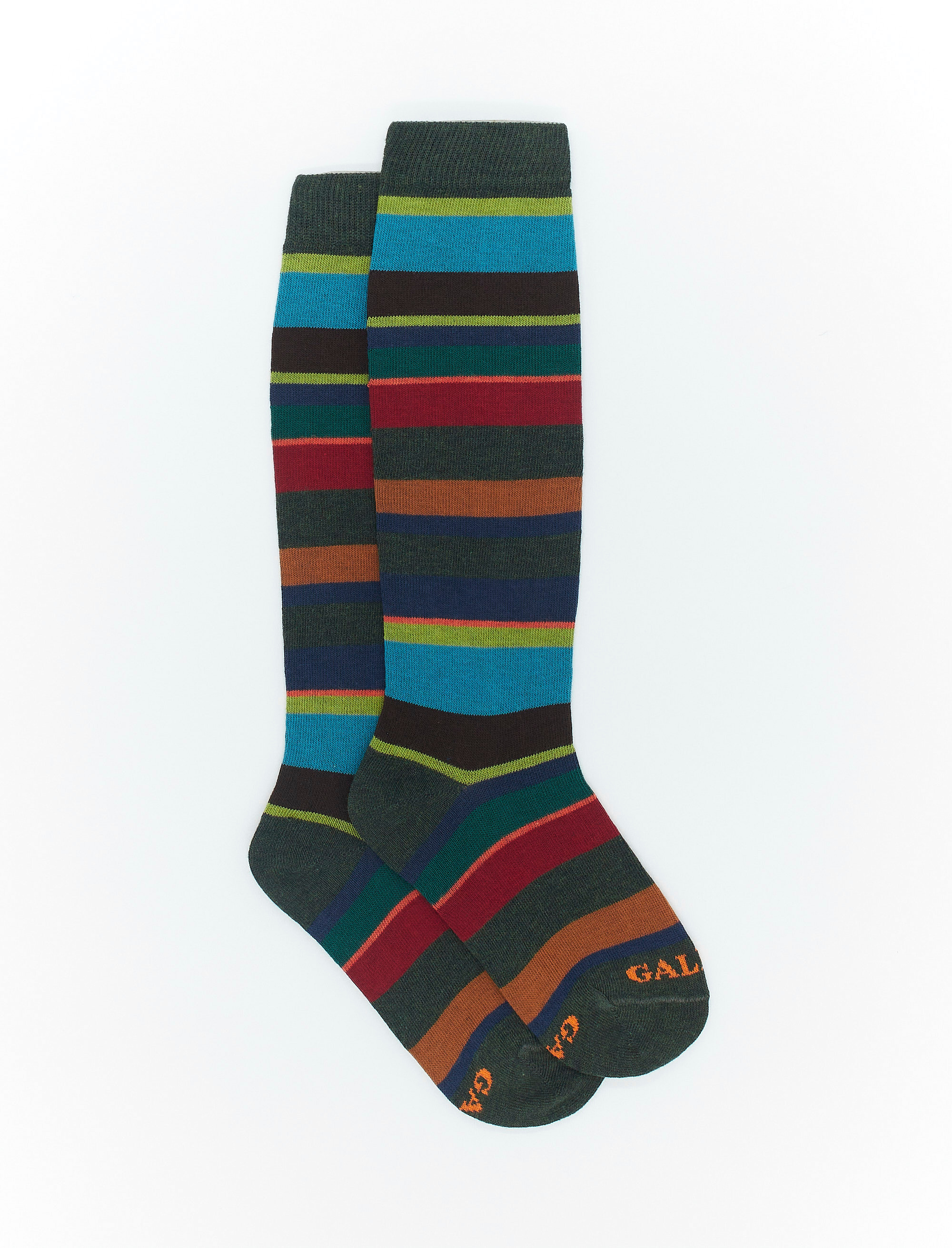 Kids' long forest green cotton socks with multicoloured stripes | Gallo