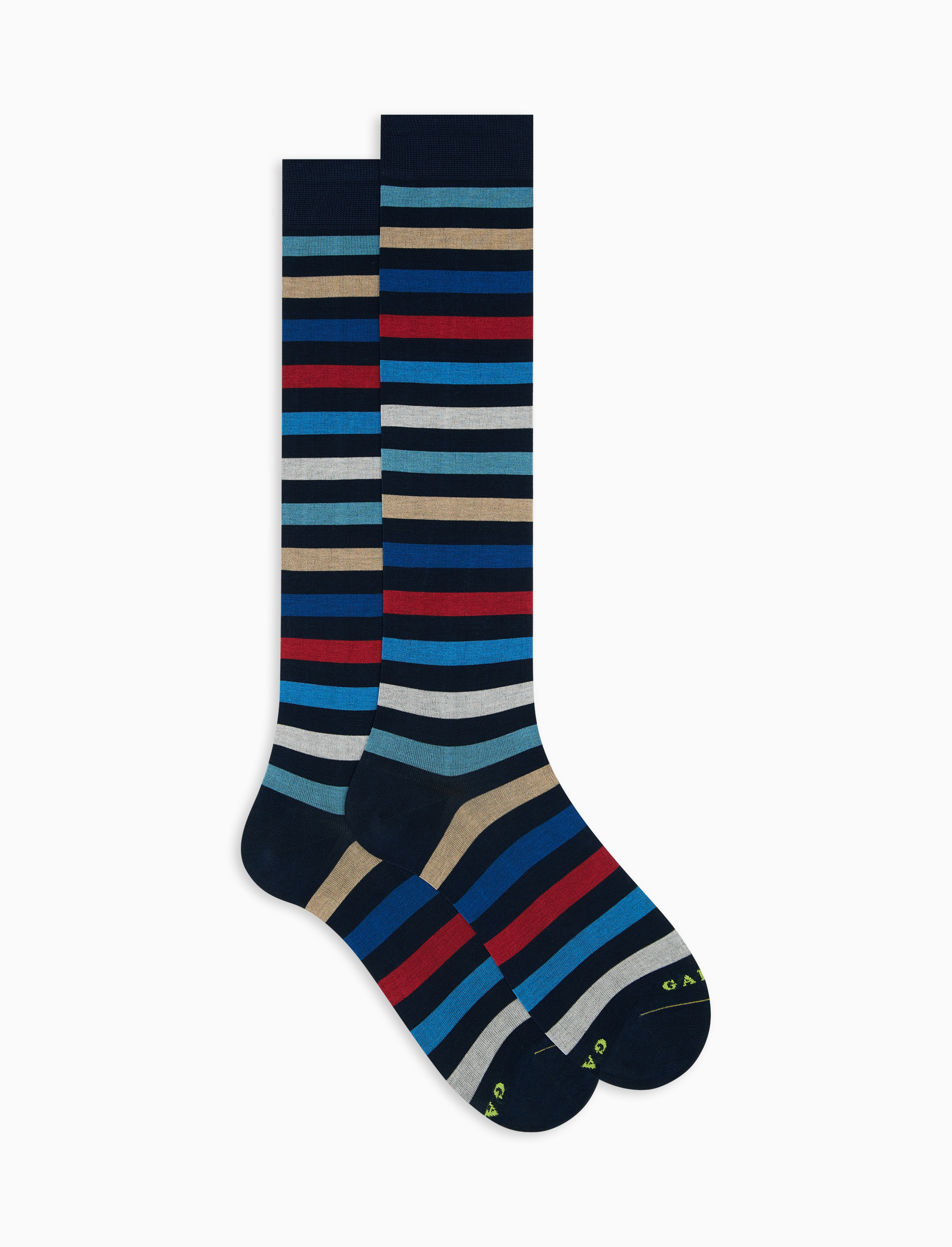 Men's long ocean blue ultra-light cotton socks with even stripes | Gallo