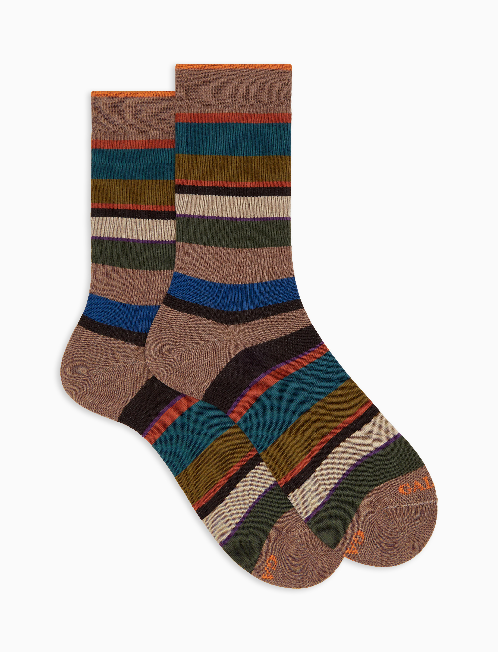 Men's short beige cotton socks with multicoloured stripes | Gallo