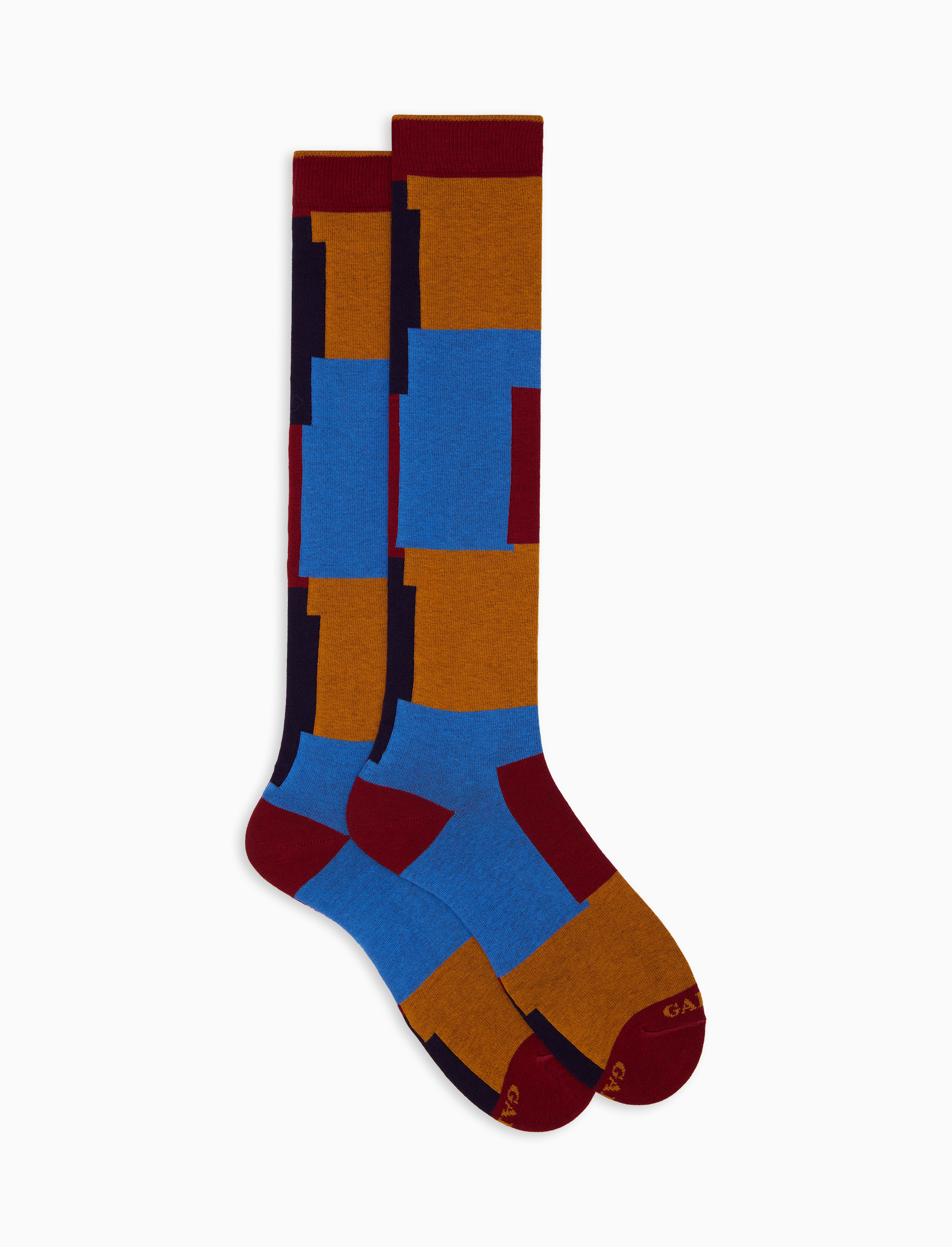 Men's long burgundy cotton socks with overlapping check motif | Gallo