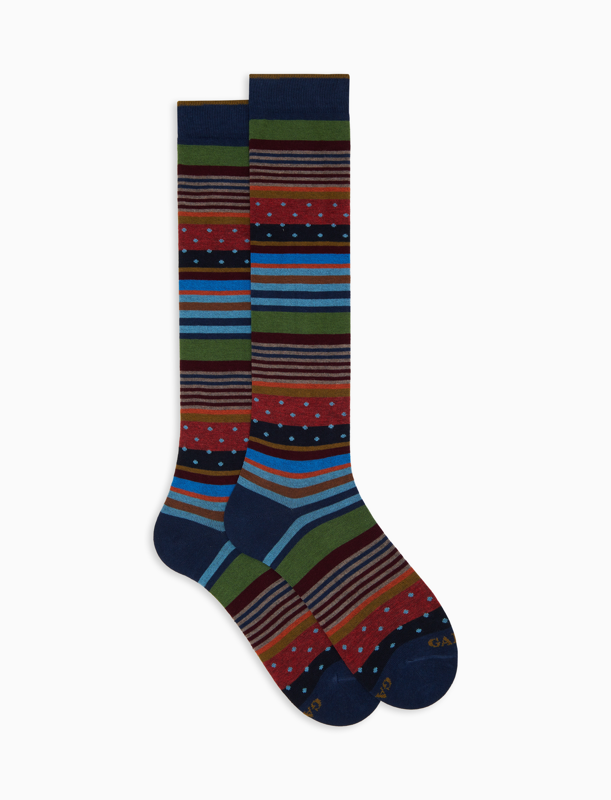 Men's long blue cotton socks with stripes and polka dots | Gallo