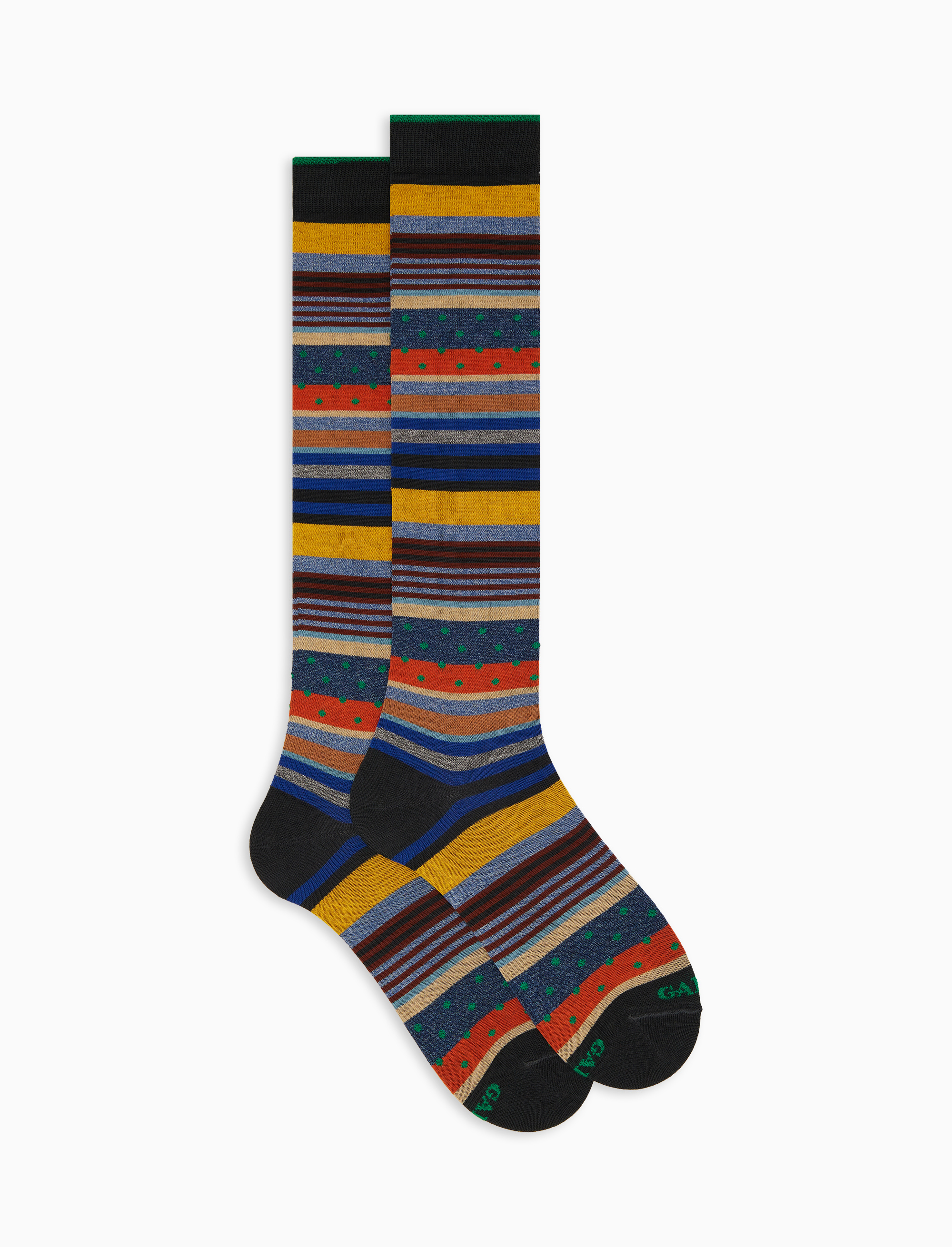 Men's long grey cotton socks with stripe pattern and polka dots | Gallo